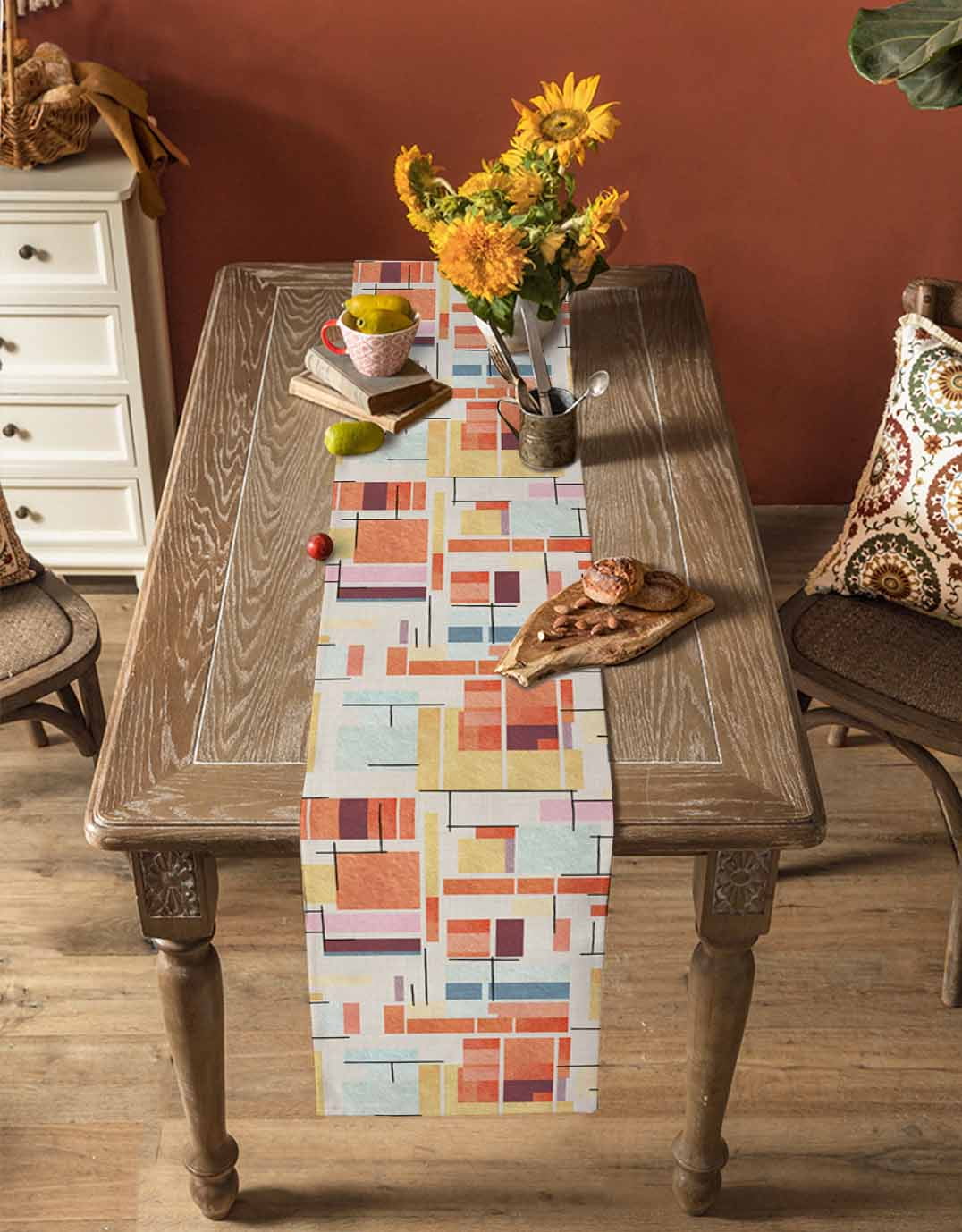 Abstract Modernist Geometric Shapes Table Runner Cotton Linen Wedding ...