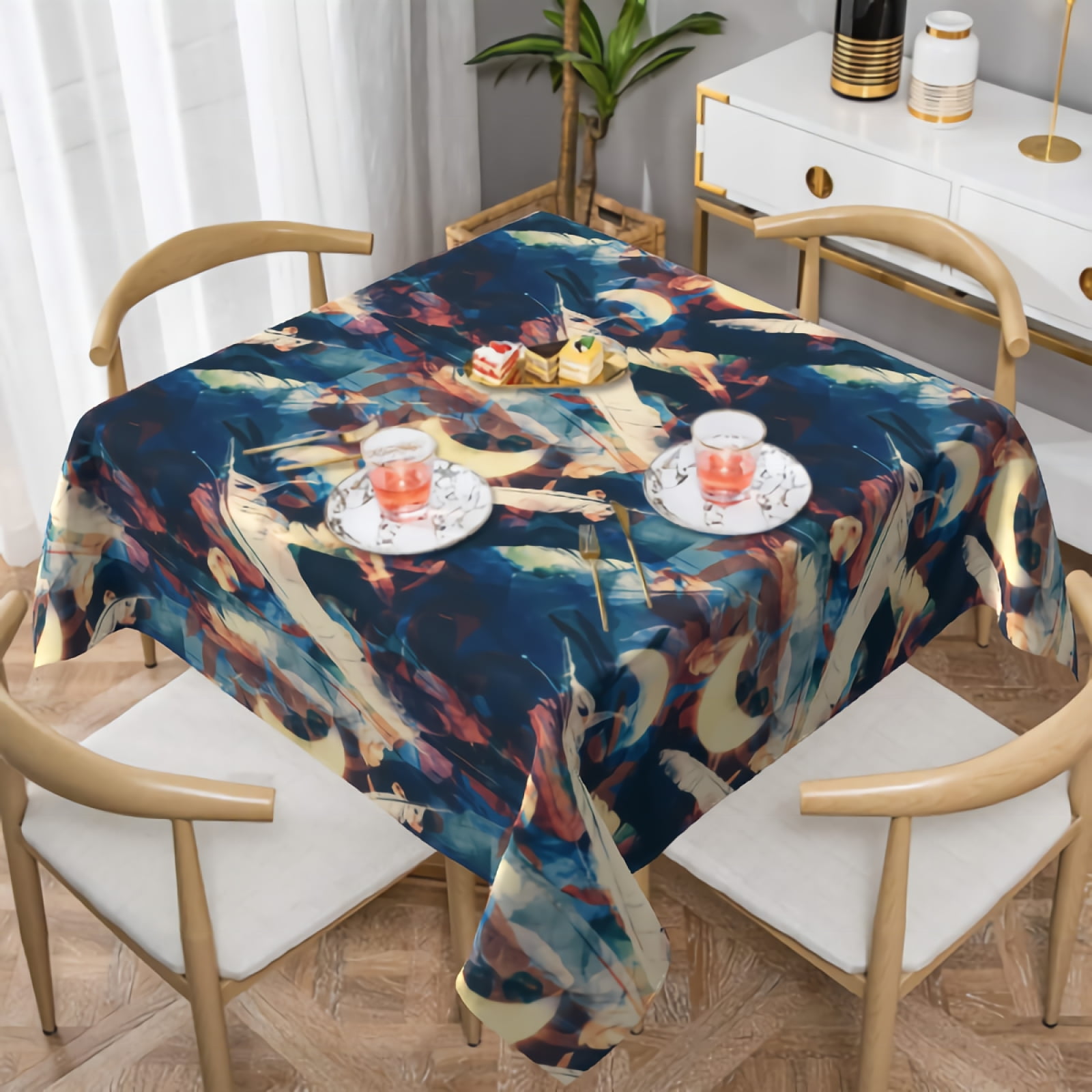 Abstract Moon And Feathers Tablecloth Branches And Leaves Table Cloth ...