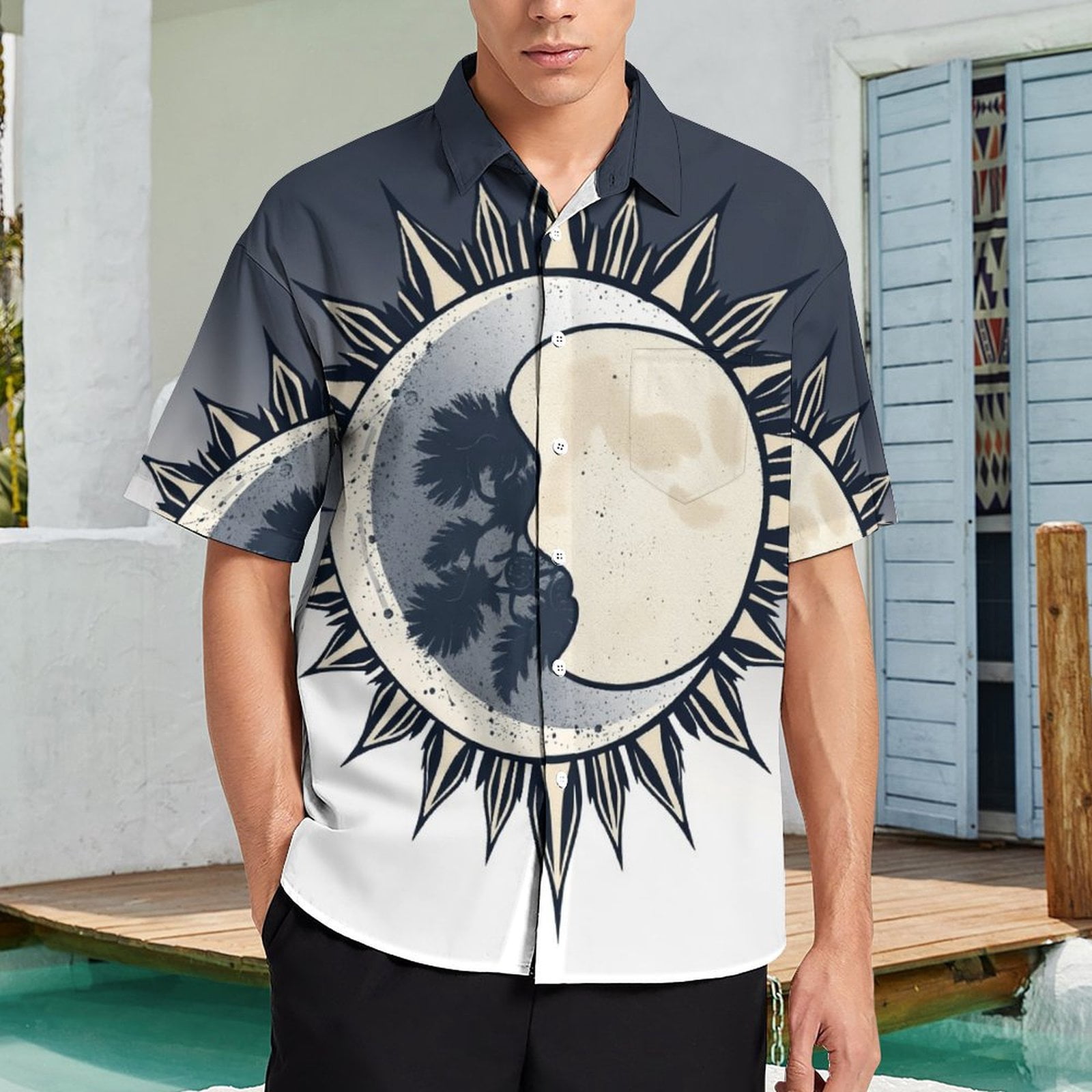 Abstract Moon And Sun Design Loose Shirt Male Vacation Field with ...