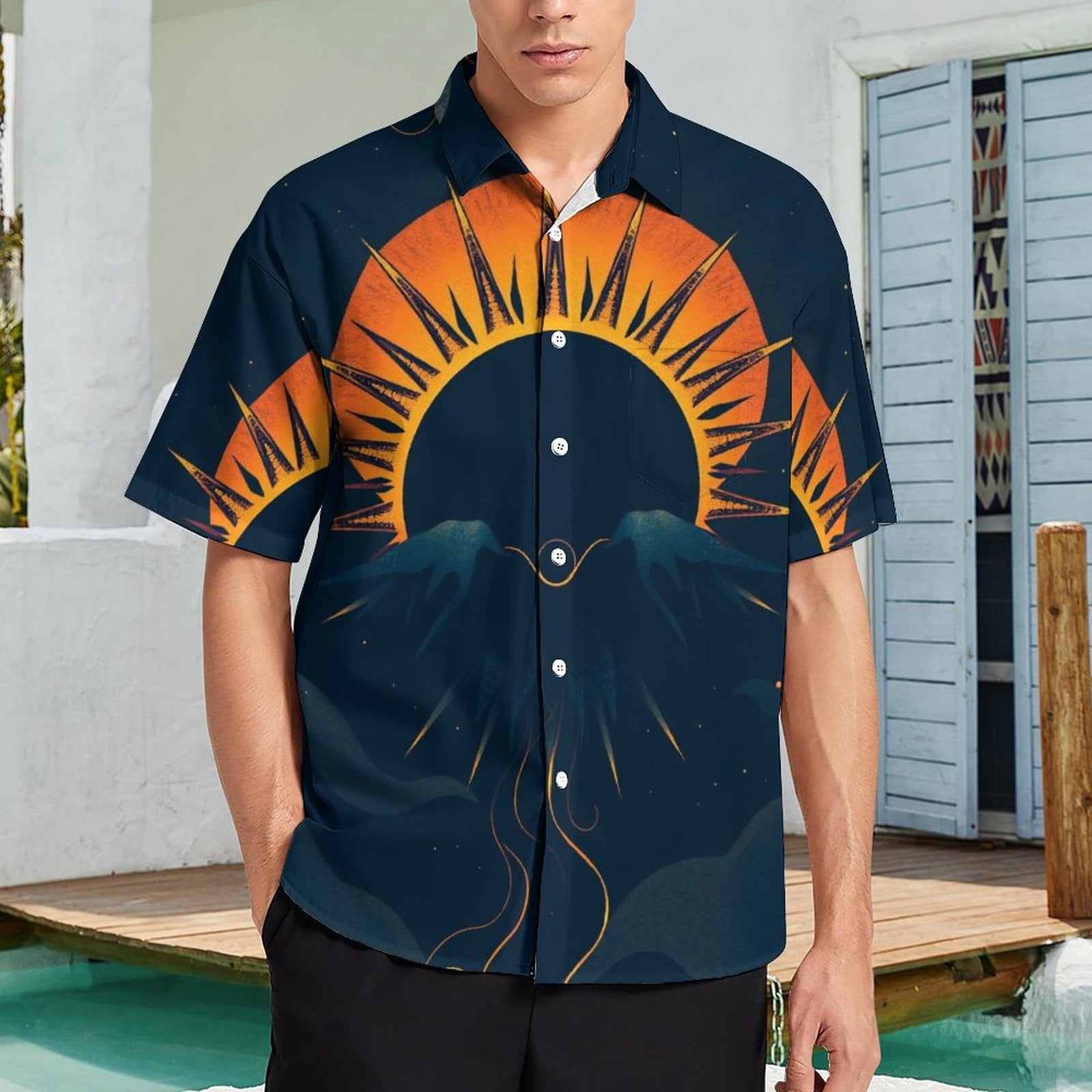 Abstract Moon And Sun Design Male Retro Print Casual Shirts Hawaiian ...