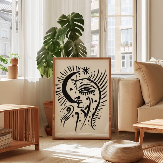 Abstract Moon And Sun Print Black And White Celestial Boho Art ...