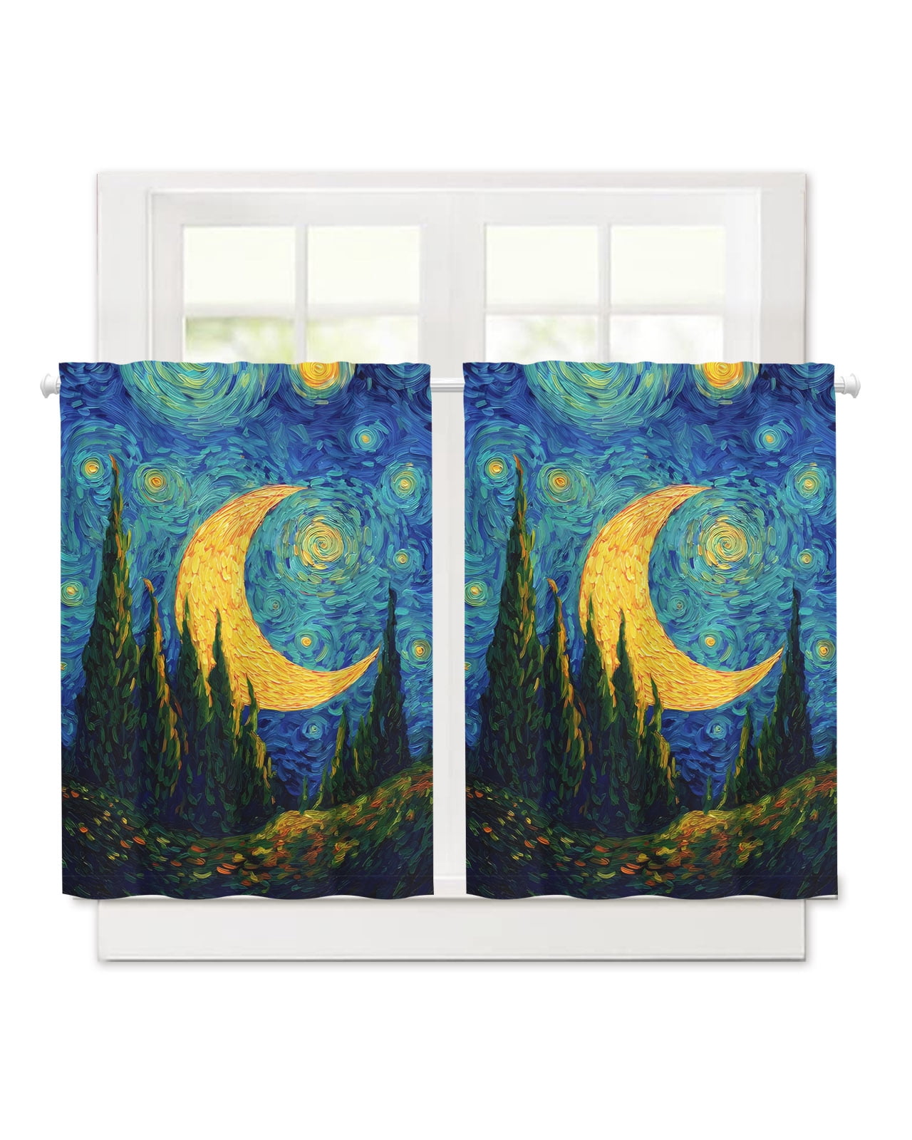 Abstract Moon Night Valley Forest Short Blackout Curtains 36 Inch Long ...
