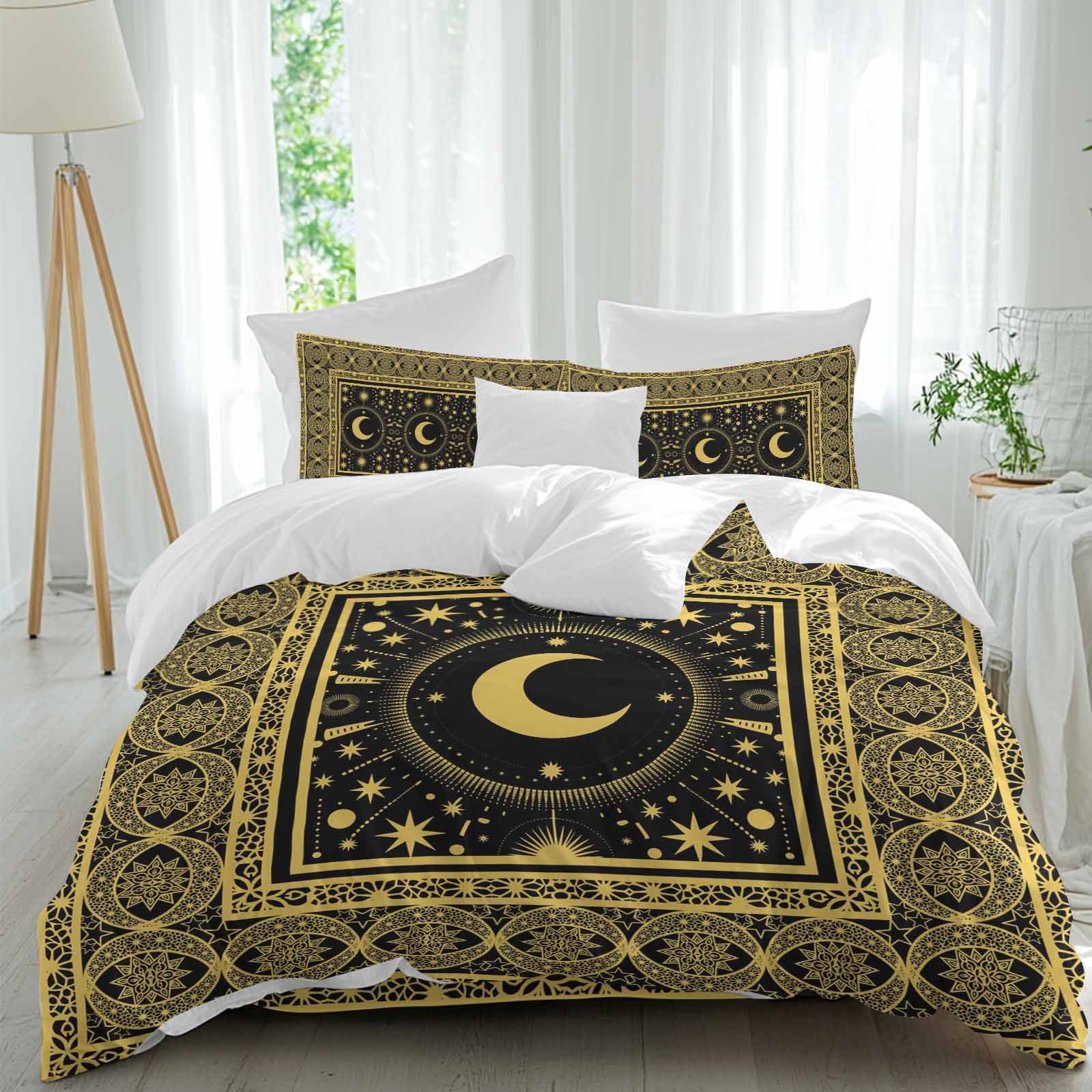 Abstract Moon Star Ethnic Style Queen Size Bed Set,Black Yellow Bedding ...