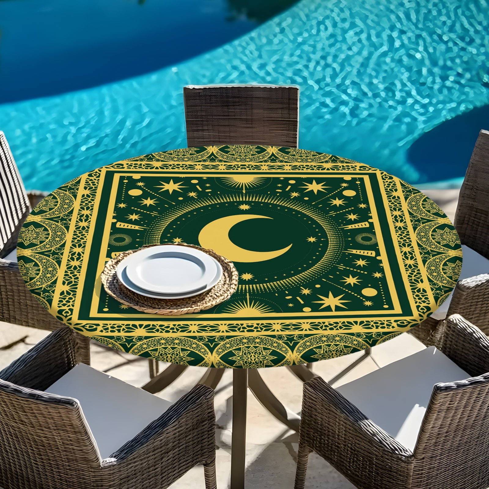 Abstract Moon Star Yellow Green Round Fitted Tablecloth with Elastic ...