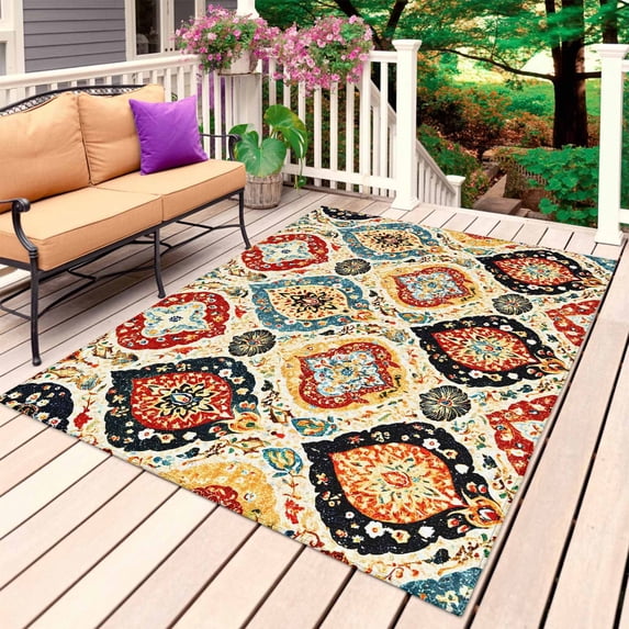 Abstract Moroccan Outdoor Rug for Patio/Deck/Porch, Non-Slip Large Area ...