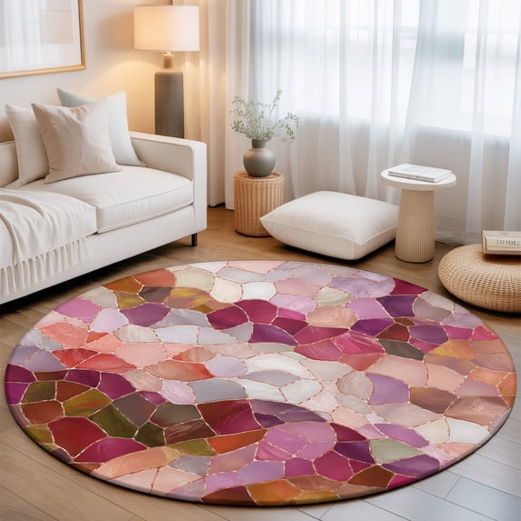 Abstract Mosaic Round Living Room Rugs 6 ft, Vintage Boho Pink Orange ...