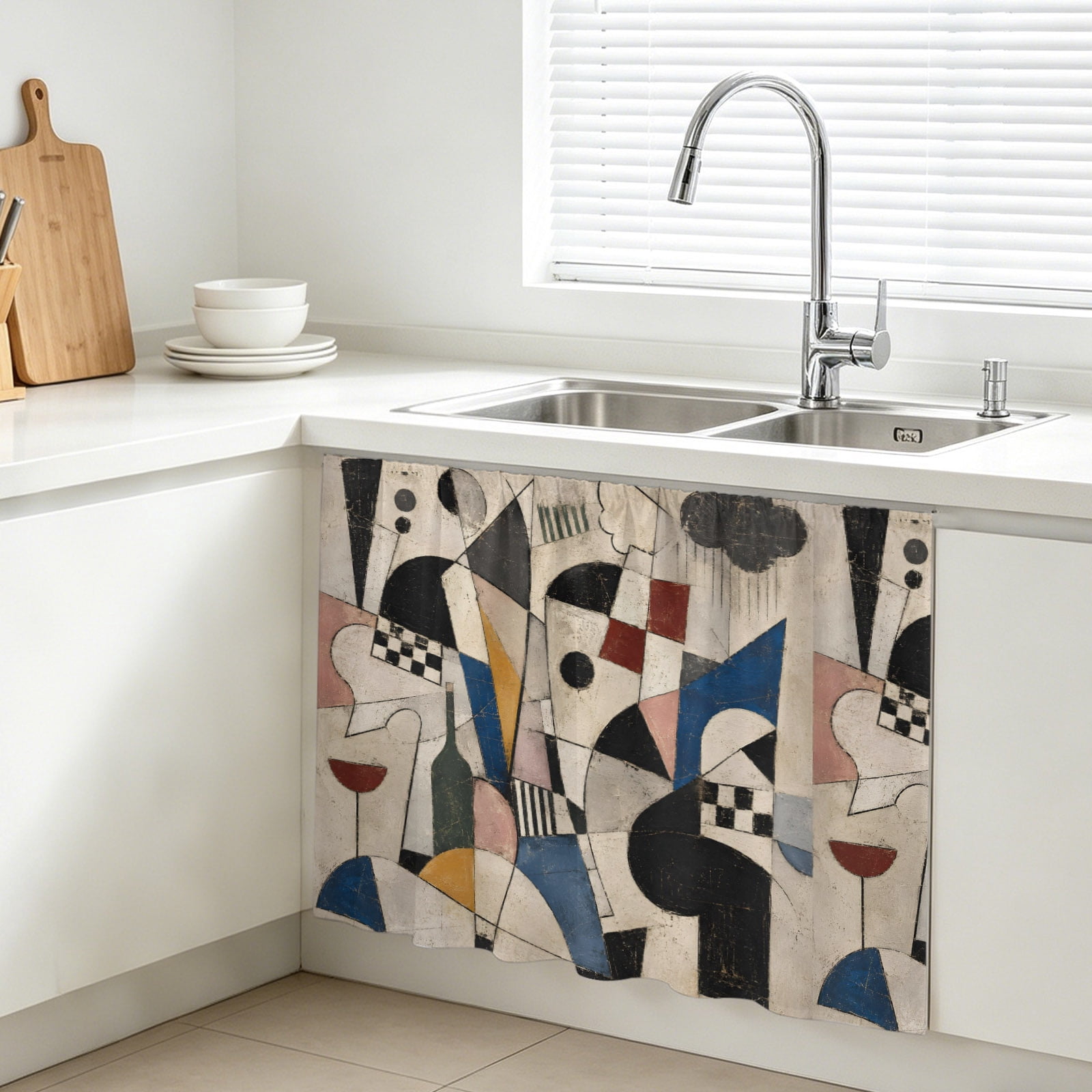 Abstract Motif Block Cabinet Curtains for Kitchen 11"Wx13"L, Vintage ...
