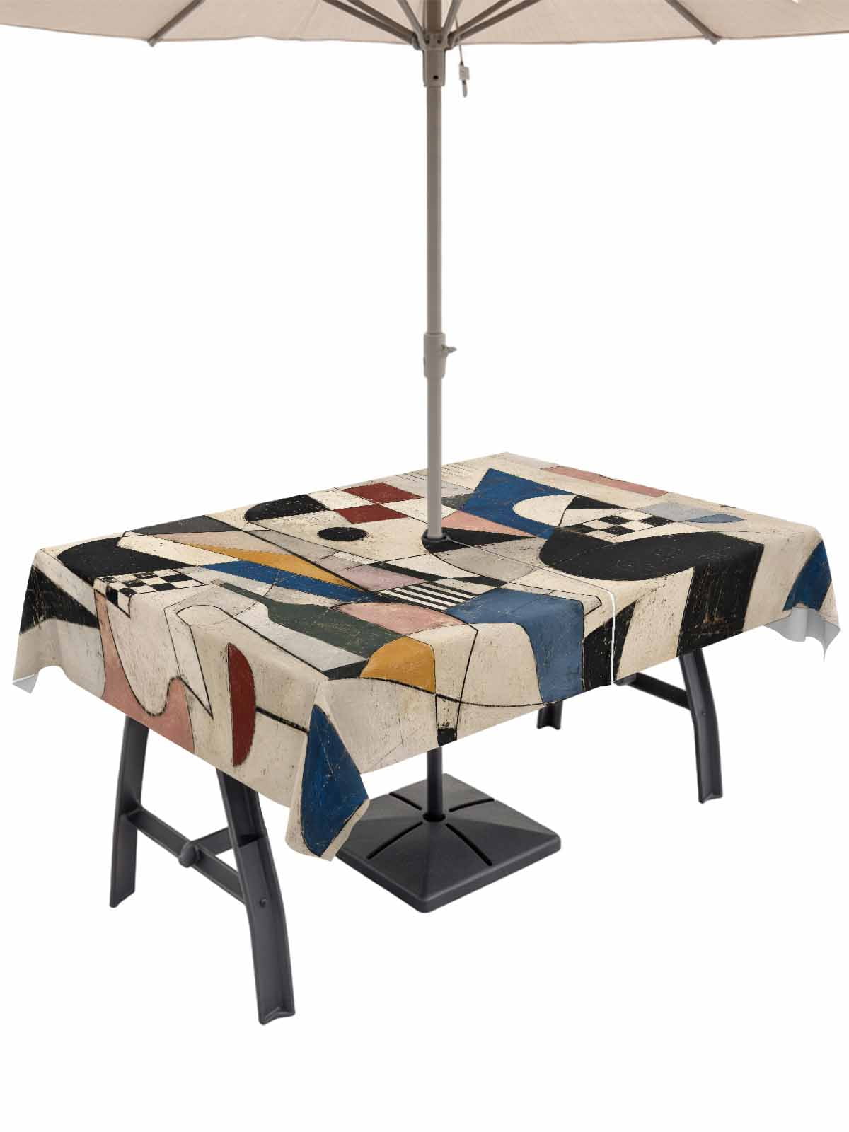 Abstract Motif Block Outdoor Rectangle Tablecloth with Umbrella Hole 60 ...