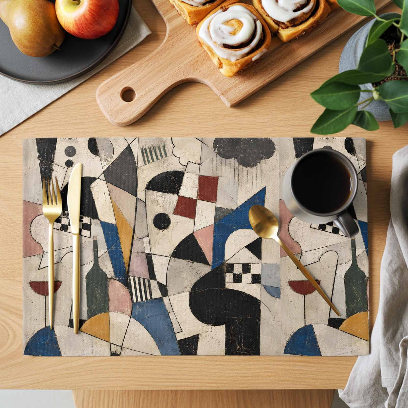 Abstract Motif Block Placemats Set of 6, Vintage Minimalist Beige Blue ...