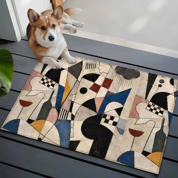 Abstract Motif Block Small Area Rugs 2x3 Vintage Minimalist Beige Blue ...