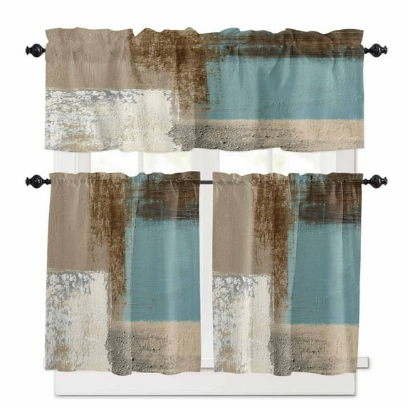 Abstract Mottled Kitchen Curtains Valance and Tier Set Brown Teal ...
