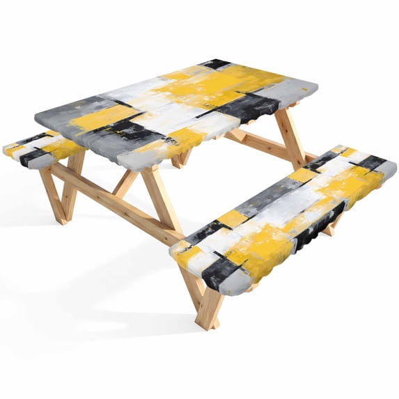 Abstract Mottled Picnic Table Cover with Bench Covers Retro Yellow Gray ...