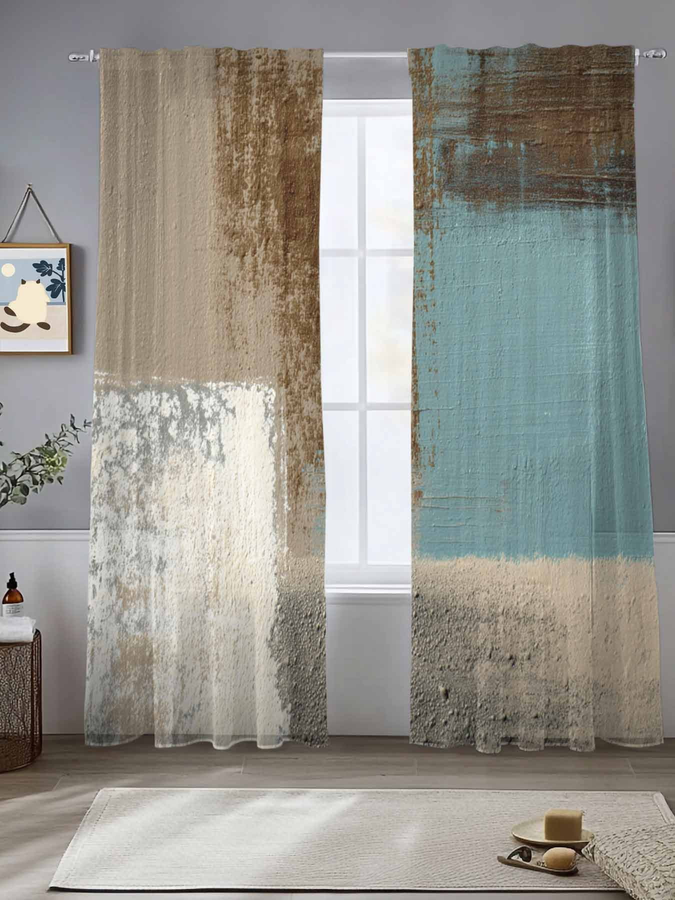 Abstract Mottled Sheer Curtains 96 Inches Long 2 Panels Brown Teal ...