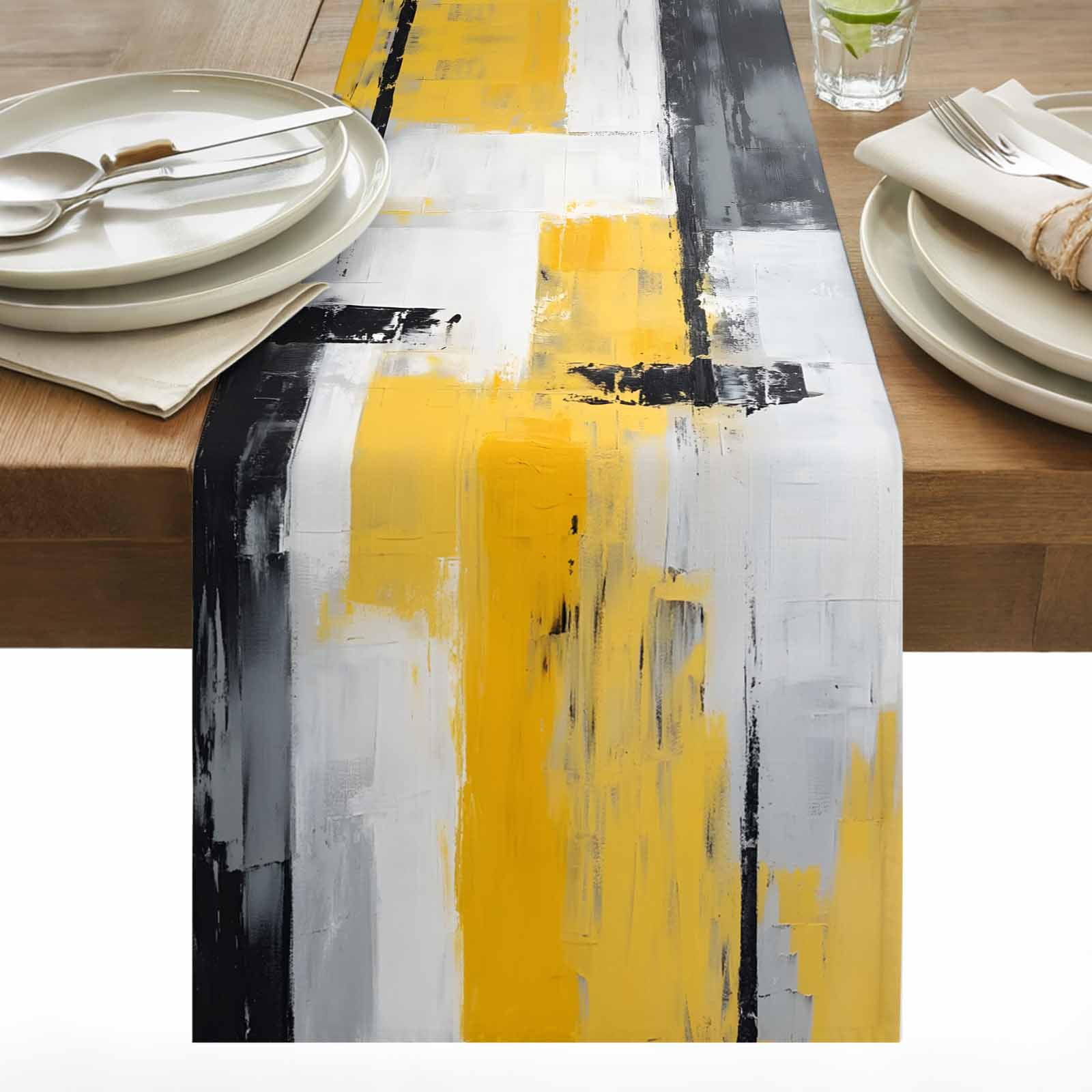Abstract Mottled Table Runner 13x108 inch Retro Gary Yellow Stitching ...