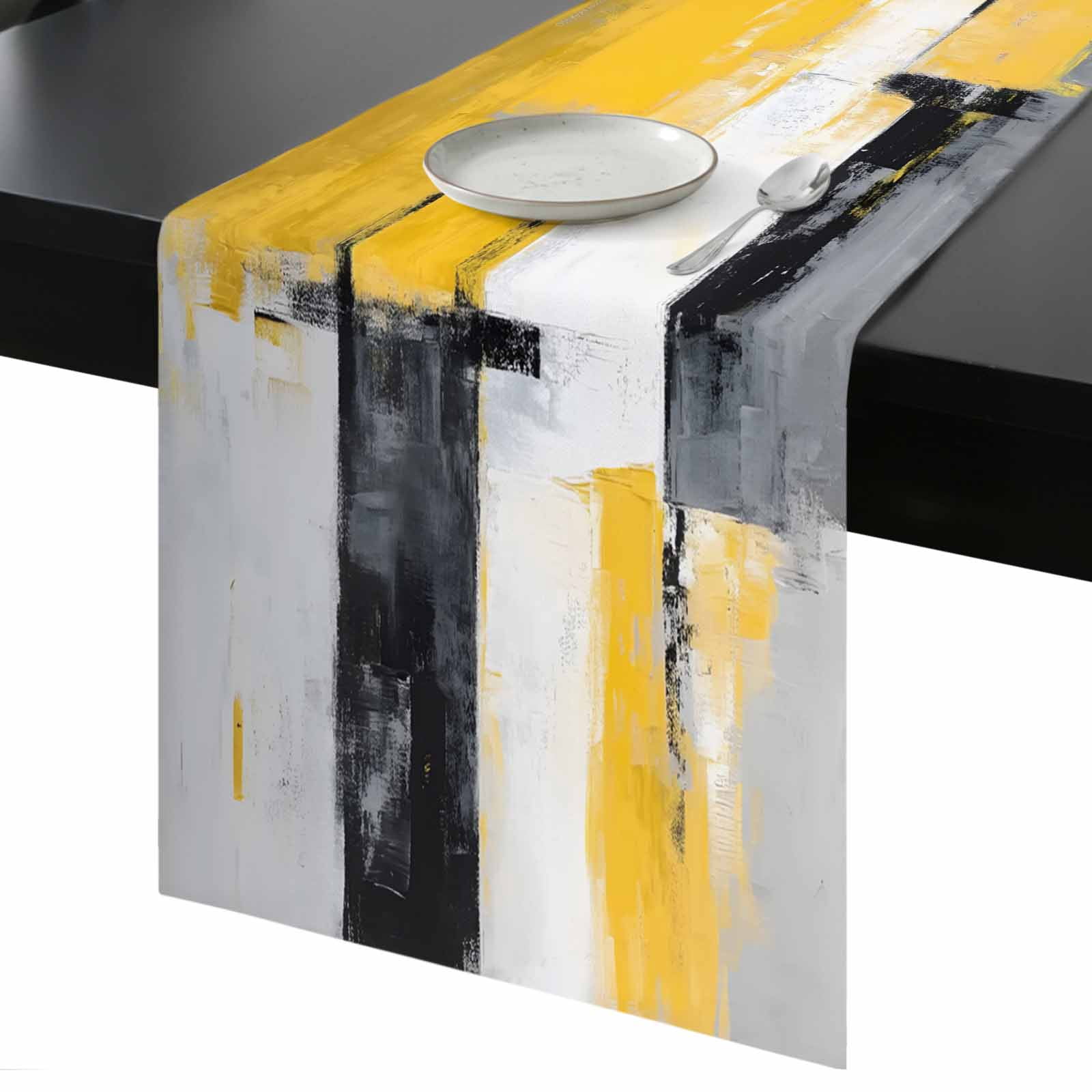 Abstract Mottled Table Runner 13x72 Inch Retro Yellow Gary Stitching ...