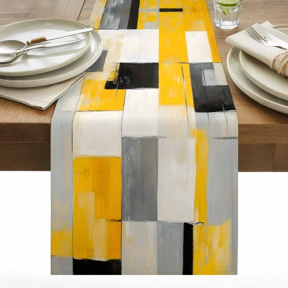 Abstract Mottled Table Runner 13x72 inch Vintage Gary Yellow Stitching ...