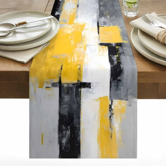 Abstract Mottled Table Runner 13x90 inch Retro Yellow Gary Stitching ...