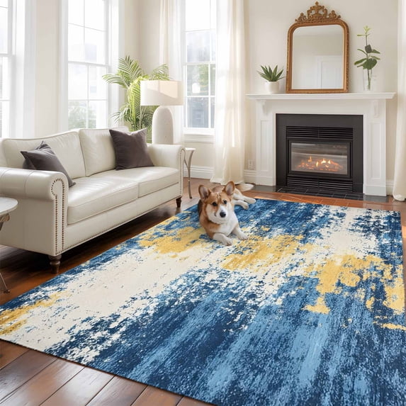 Abstract Mottled Texture Area Rugs 5x7 ft Retro Yellow Blue Painting ...