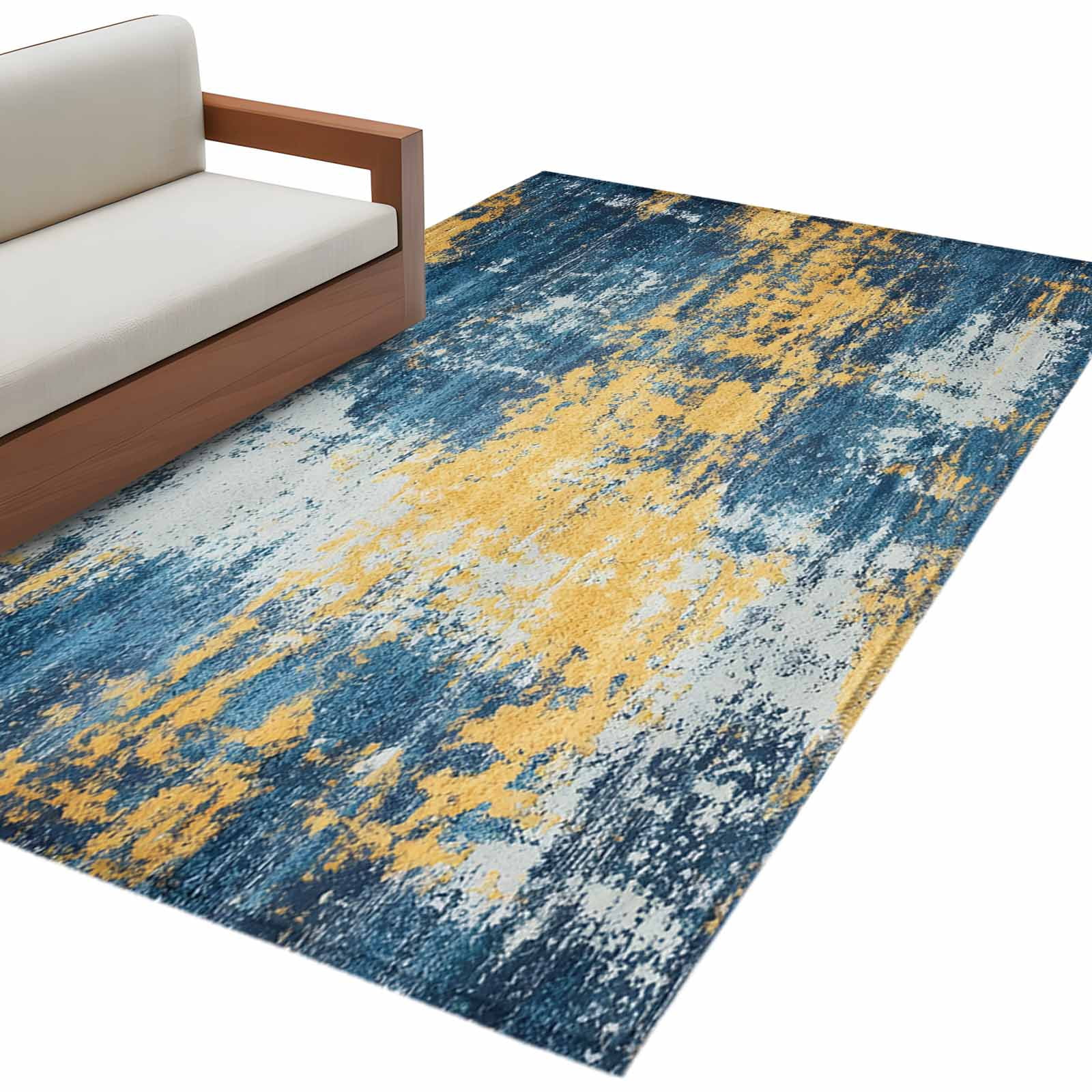 Abstract Mottled Texture Area Rug 3x5ft Vintage Yellow Blue Painting ...