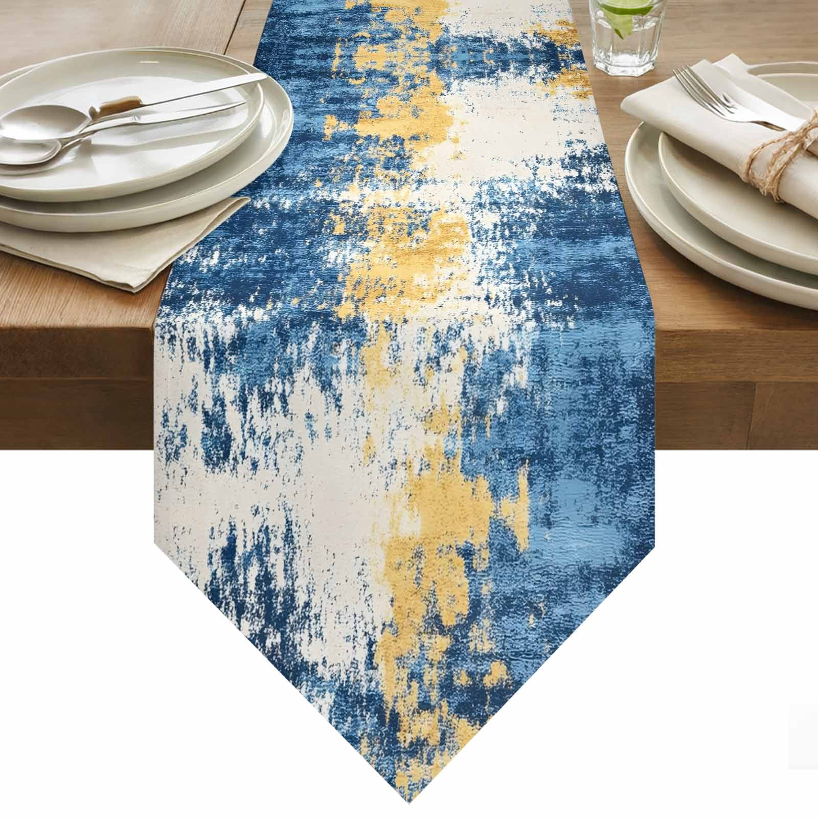 Abstract Mottled Texture Table Runner 108 Inches Long Retro Yellow Blue ...
