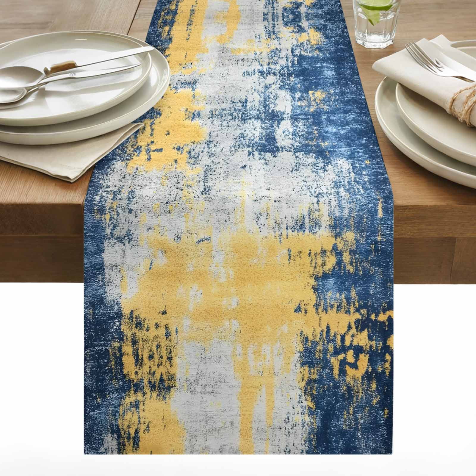 Abstract Mottled Texture Table Runner 13x108 inch Vintage Blue Yellow ...