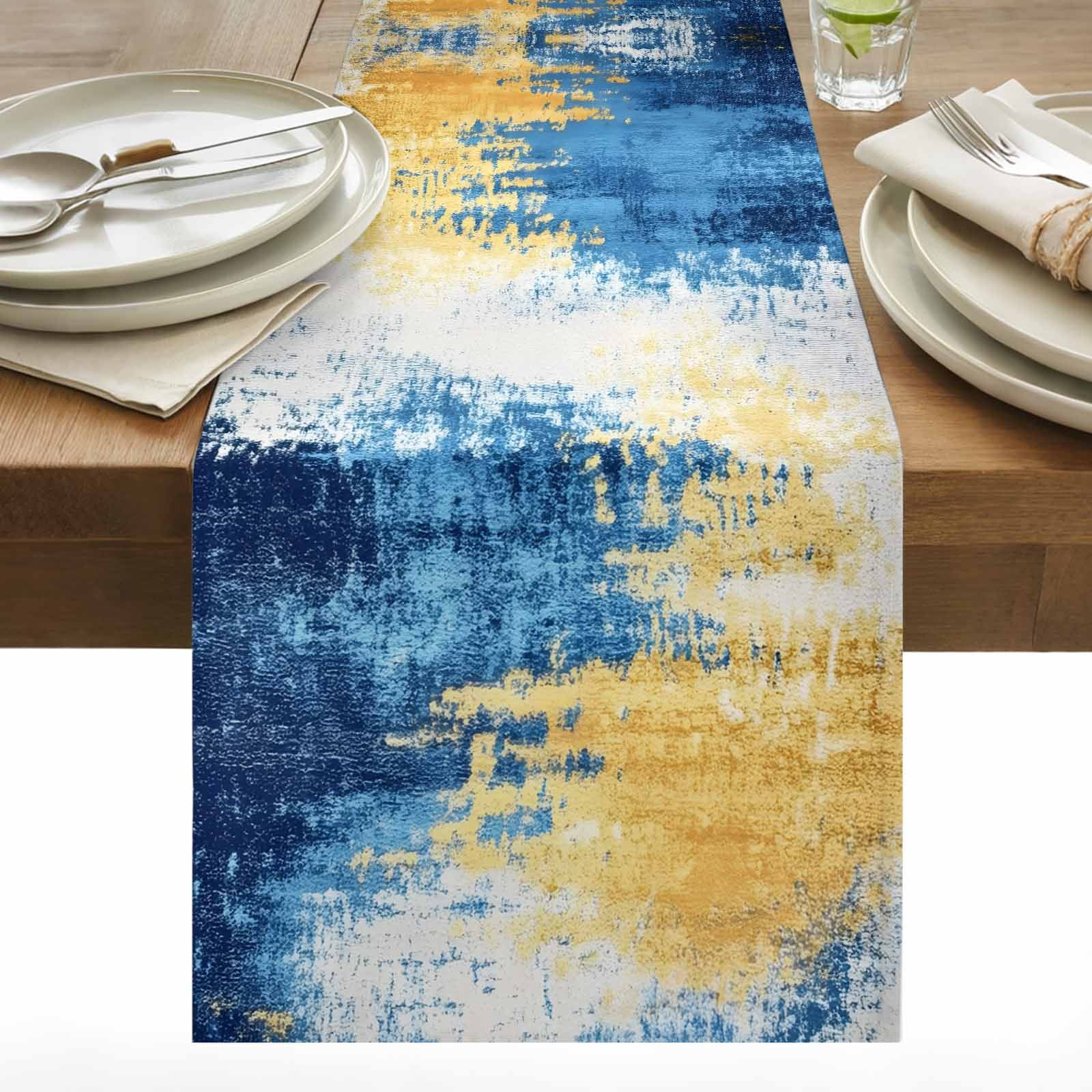 Abstract Mottled Texture Table Runner 13x36 inch Blue Yellow Gradient ...