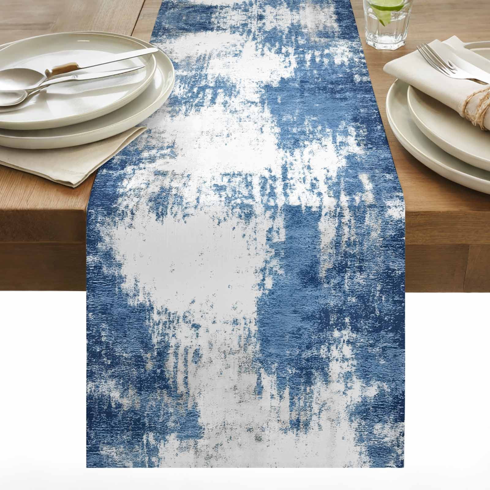 Abstract Mottled Texture Table Runner 13x36 inch Gary Blue Stitching ...