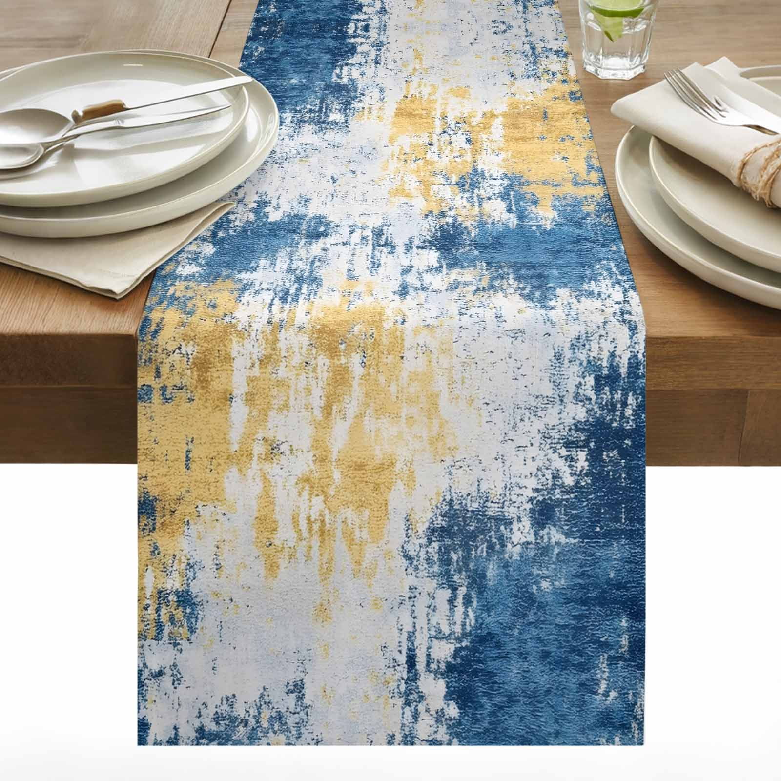Abstract Mottled Texture Table Runner 13x36 inch Retro Blue Yellow ...
