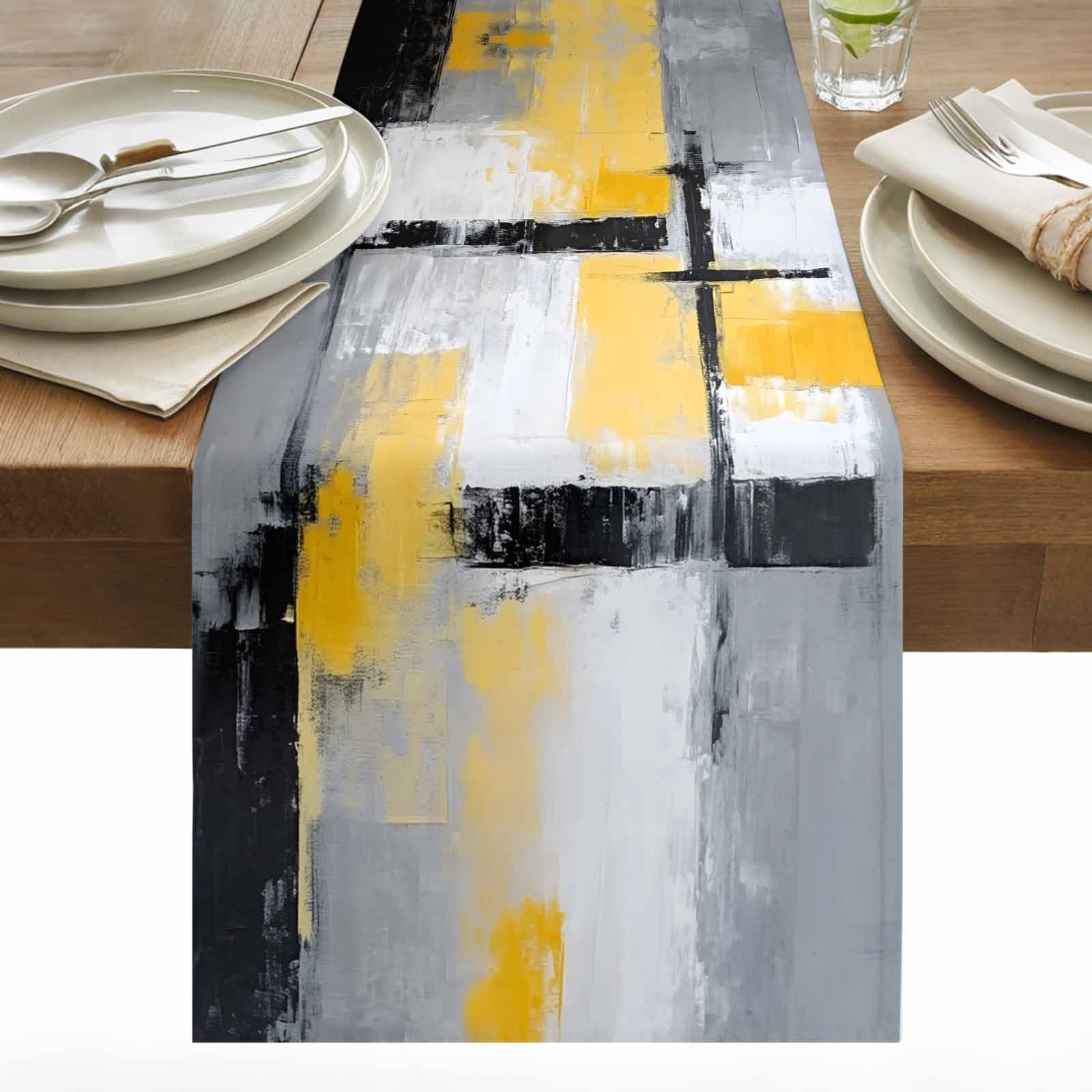 Abstract Mottled Texture Table Runner 13x60 inch Yellow Gary Stitching ...
