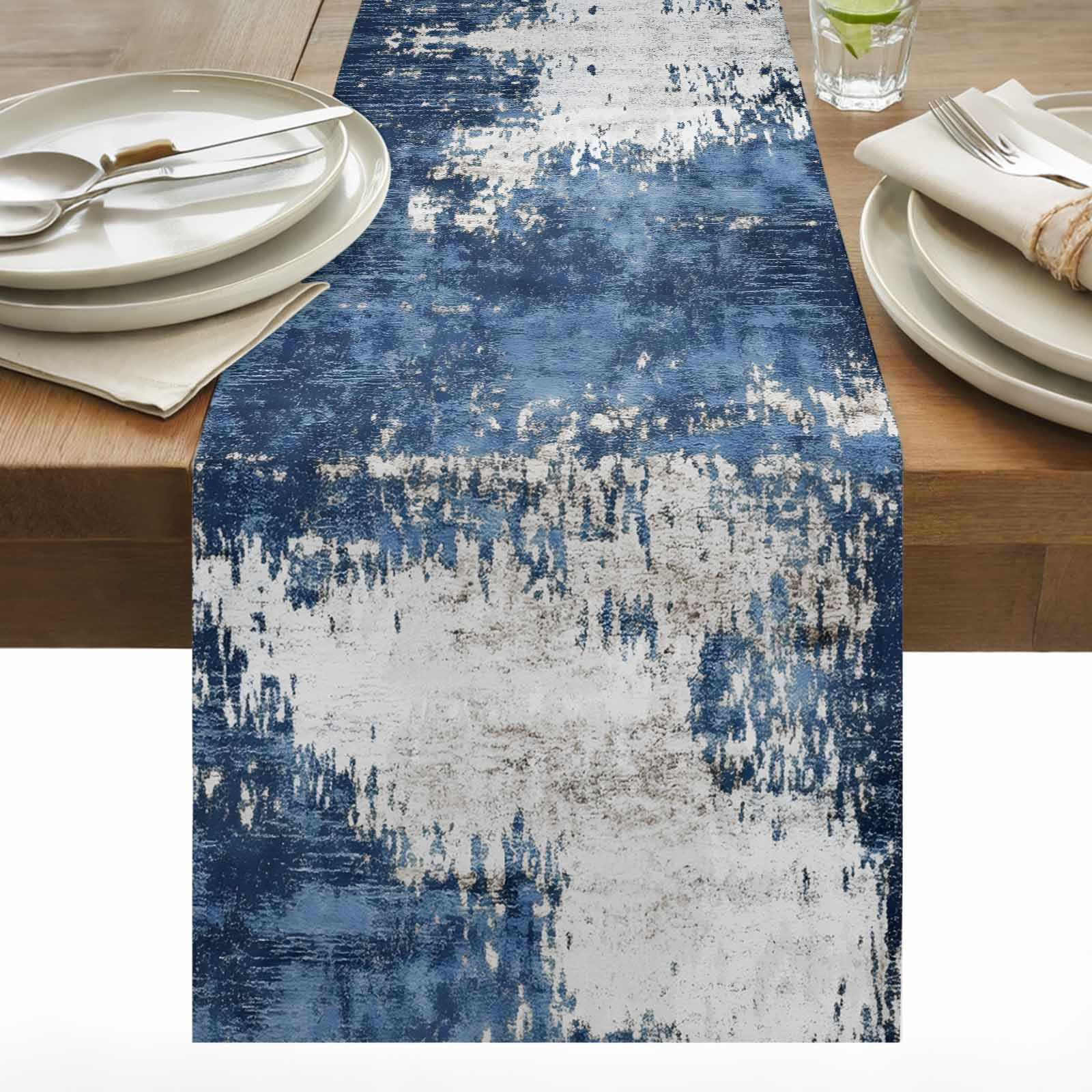 Abstract Mottled Texture Table Runner 13x90 inch Blue Gary Stitching ...
