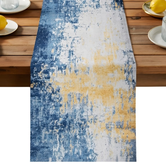 Abstract Mottled Texture Table Runner, Yellow Blue Painting Cotton ...