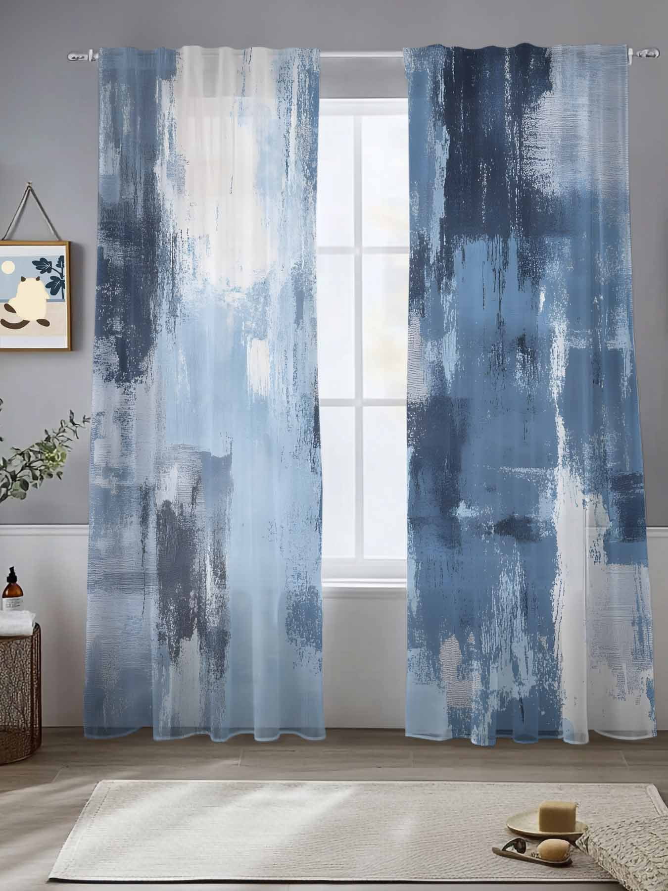 Abstract Mottled Theme Sheer Curtains 84 Inches Long 2 Panels Blue ...