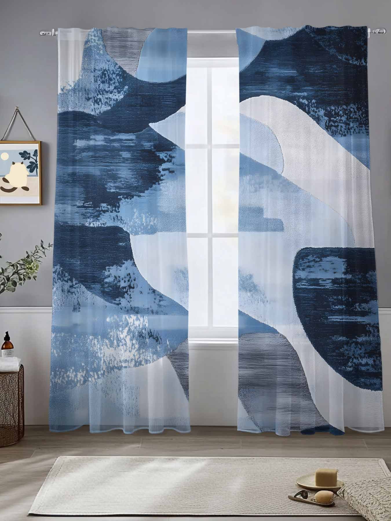 Abstract Mottled Theme Sheer Curtains 96 Inches Long 2 Panels Blue ...