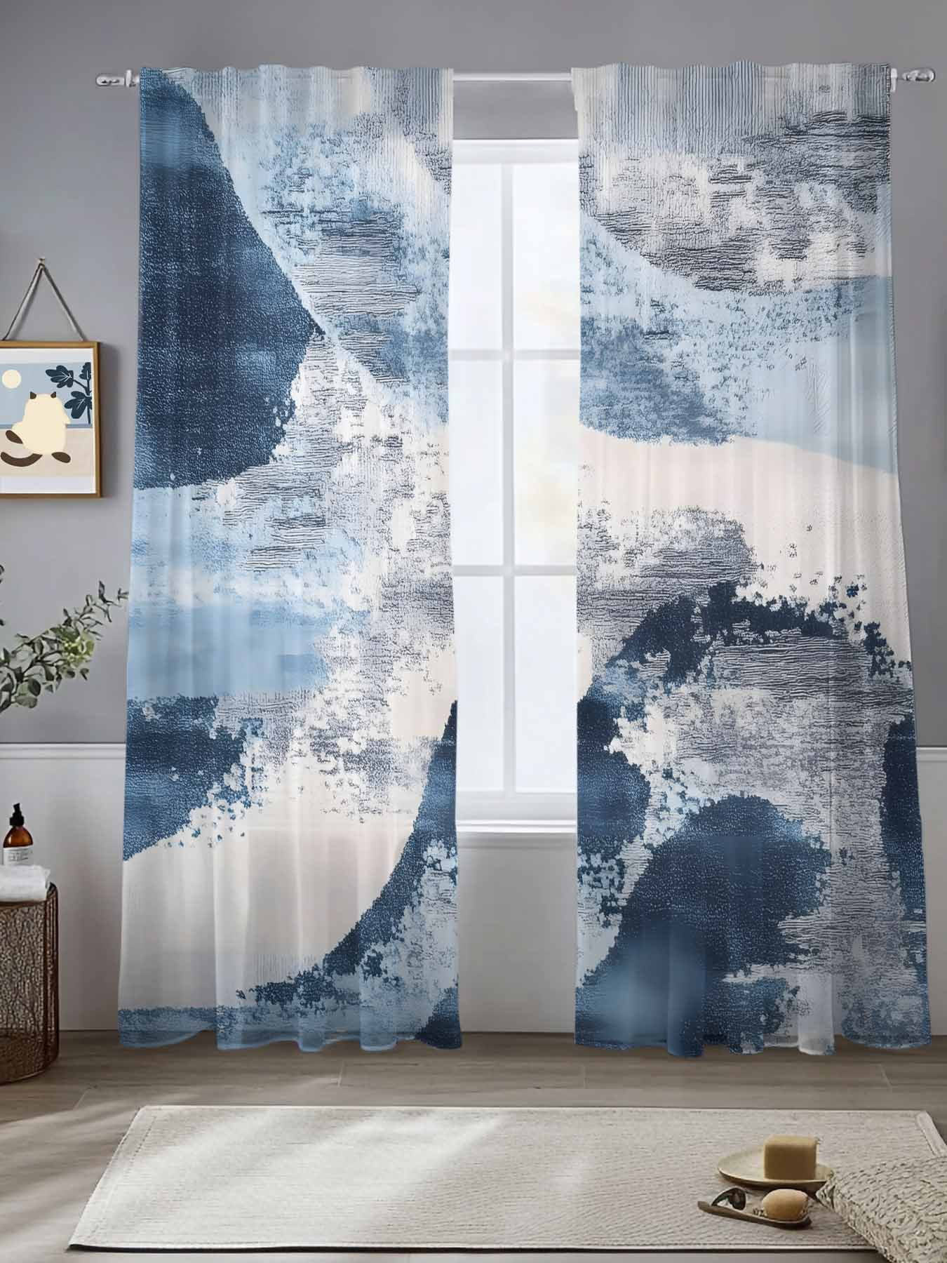 Abstract Mottled Theme Sheer Curtains 96 Inches Long 2 Panels White ...