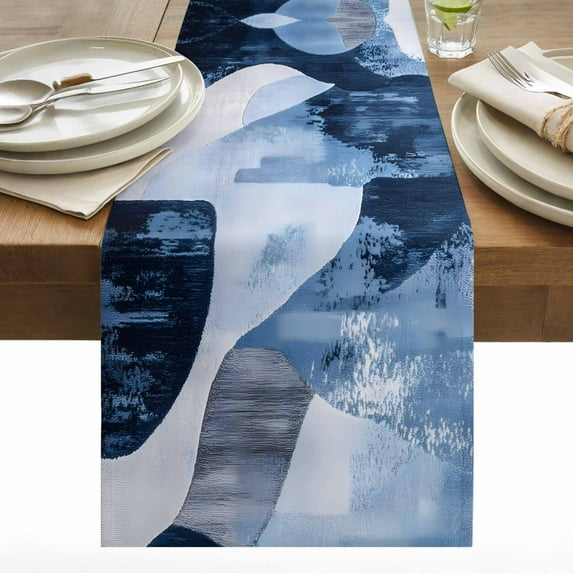 Abstract Mottled Theme Table Runner 13x108 inch Blue White Stitching ...