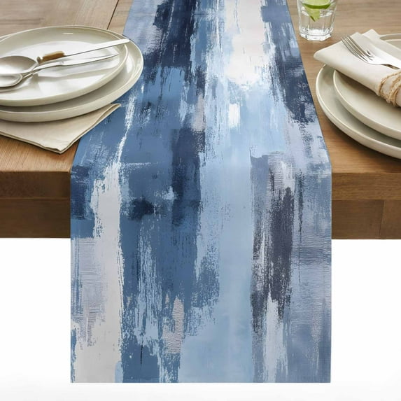 Abstract Mottled Theme Table Runner 13x120 inch Blue White Oil Painting ...