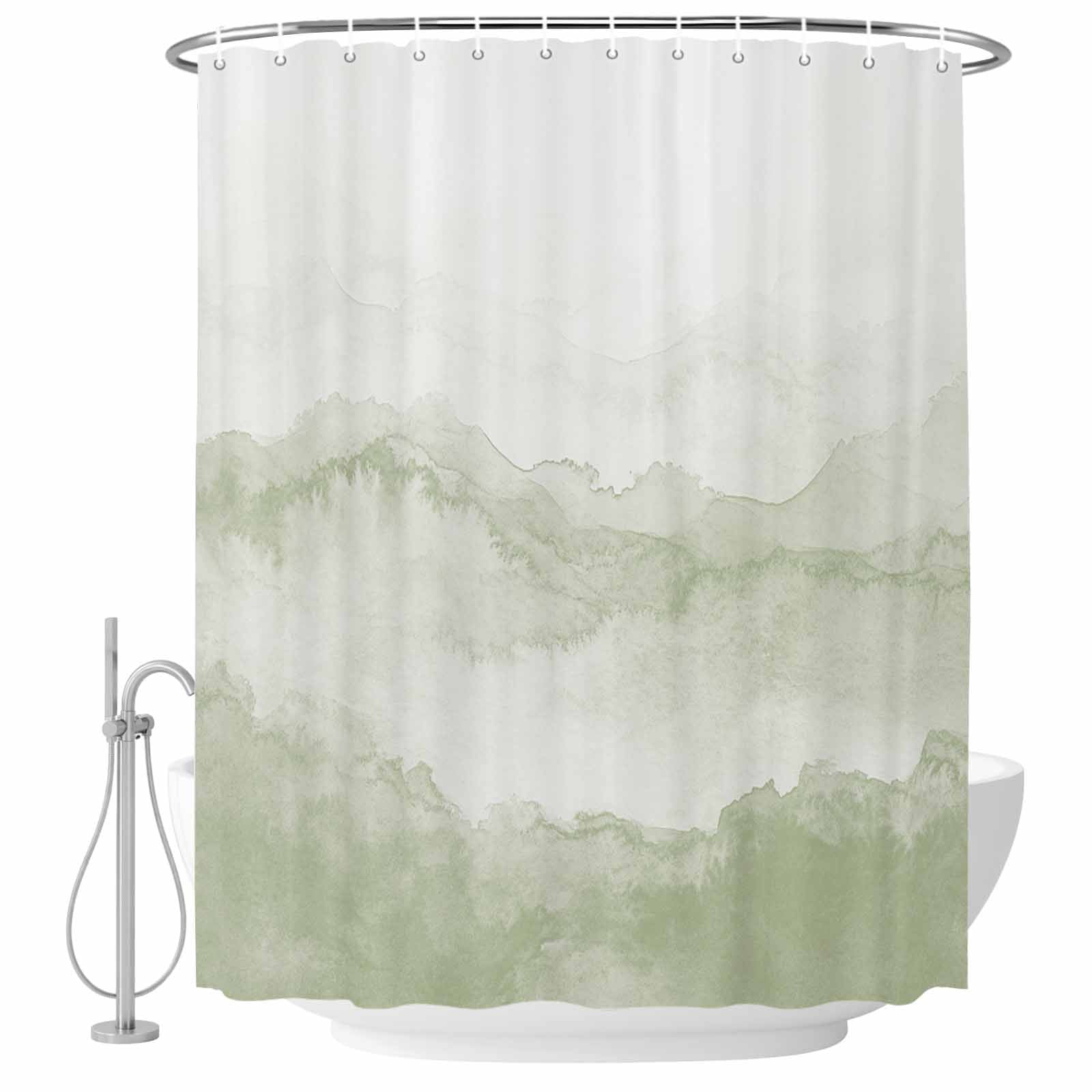 Abstract Mountain Bathroom Shower Curtains with Hooks, Green Watercolor ...