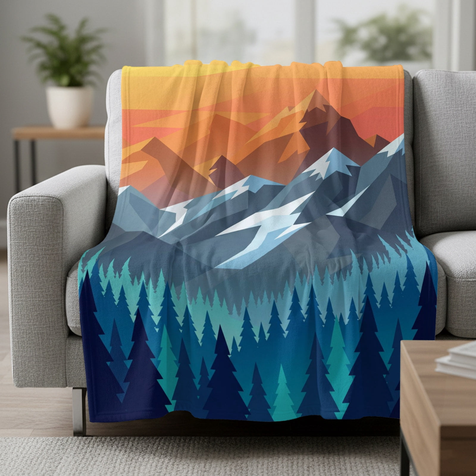Abstract Mountain Fleece Throw Blanket Blue Navy Forest Tree Sunset ...