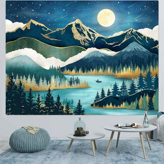 Abstract Mountain Forest Nature Starry Night Moon Wall Tapestry Teal 60 ...