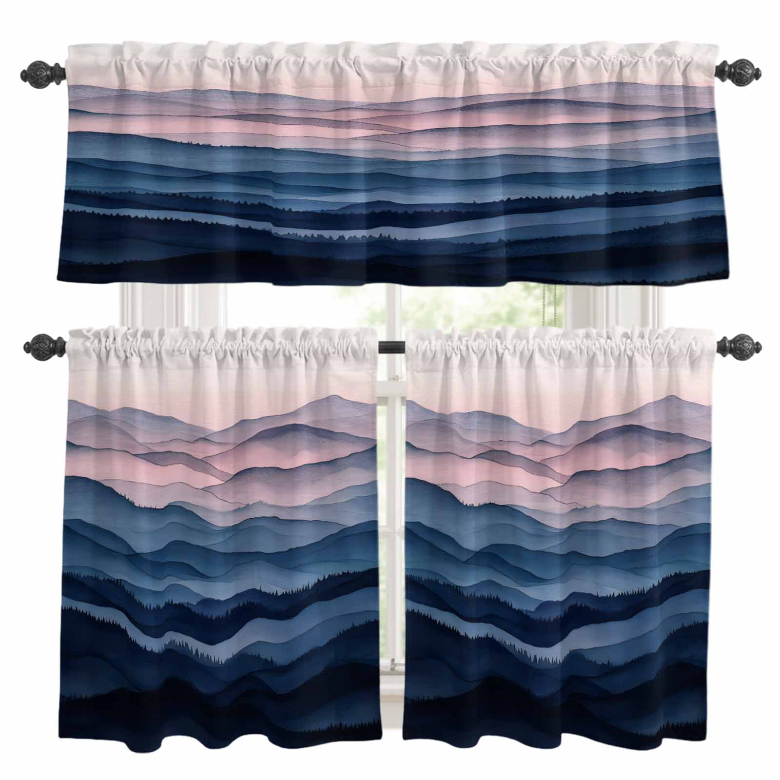 Abstract Mountain Kitchen Curtains Valance and Tier Set Watercolor ...