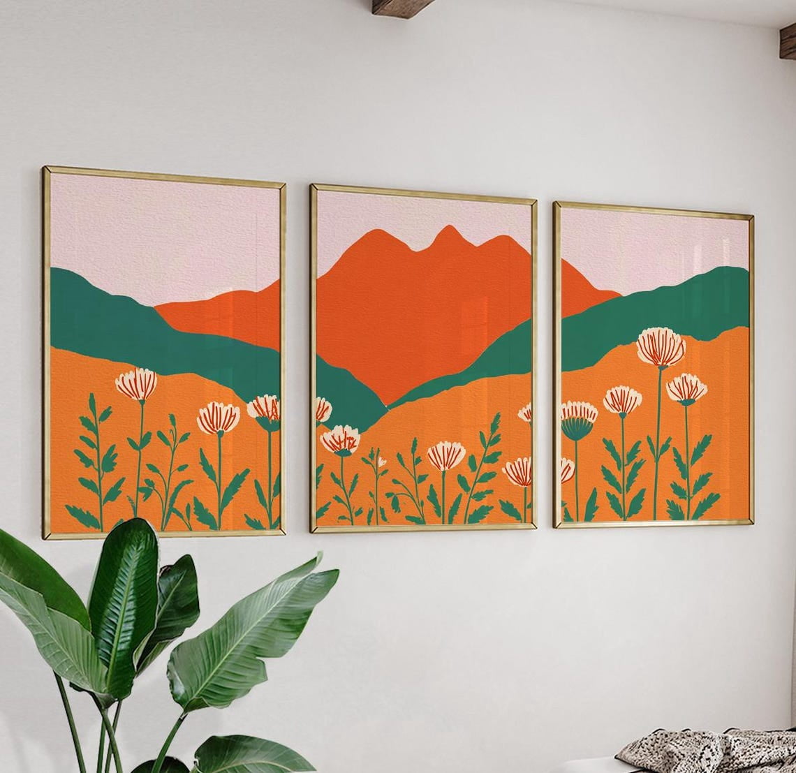 Abstract Mountain Landscape Orange Green Nature Triptych Modern Scenic ...