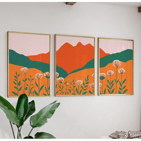 Abstract Mountain Landscape Orange Green Nature Triptych Modern Scenic ...