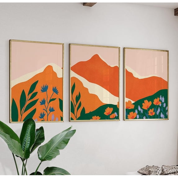Abstract Mountain Landscape Poster Set Orange Pink Wildflower Triptych ...