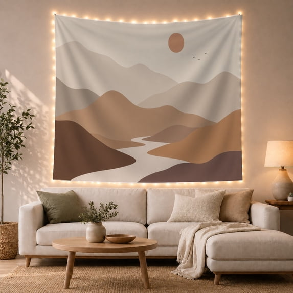 Abstract Mountain Landscape with Sun and Birds in Layered Hills, Serene ...