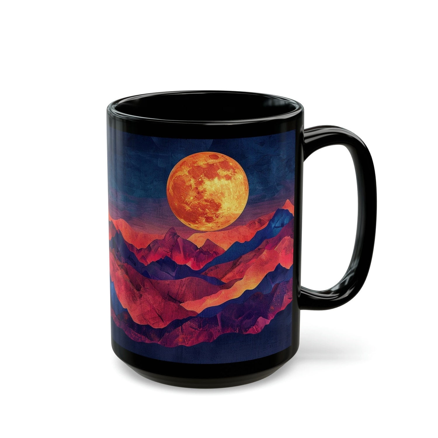 Abstract Mountain Moon Coffee Mug: Red & Blue Landscape, Black Ceramic ...