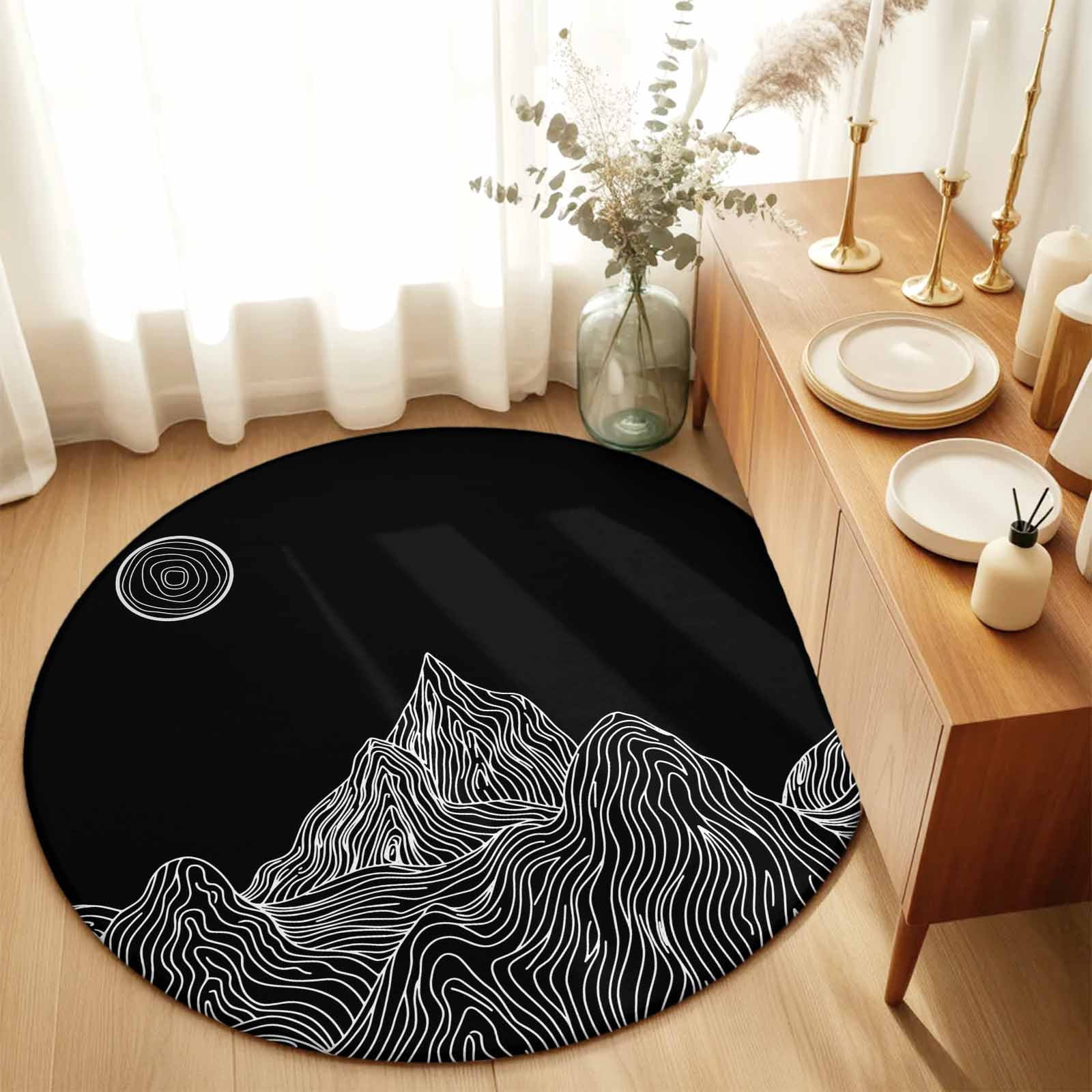 Abstract Mountain Moon Scenery Round Rug 3ft Black White Geometric Line ...