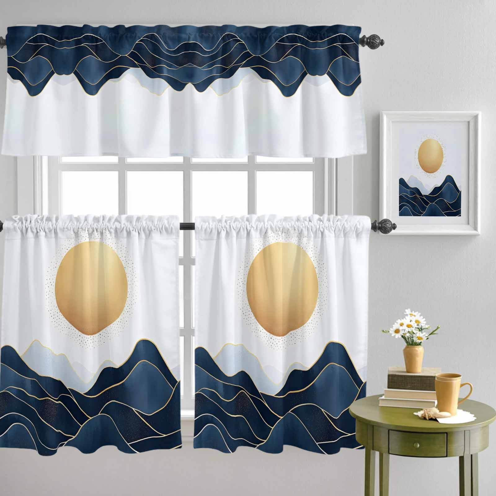 Abstract Mountain Navy Blue Stripe Curtain Tier and Valance Set 3 Piece ...