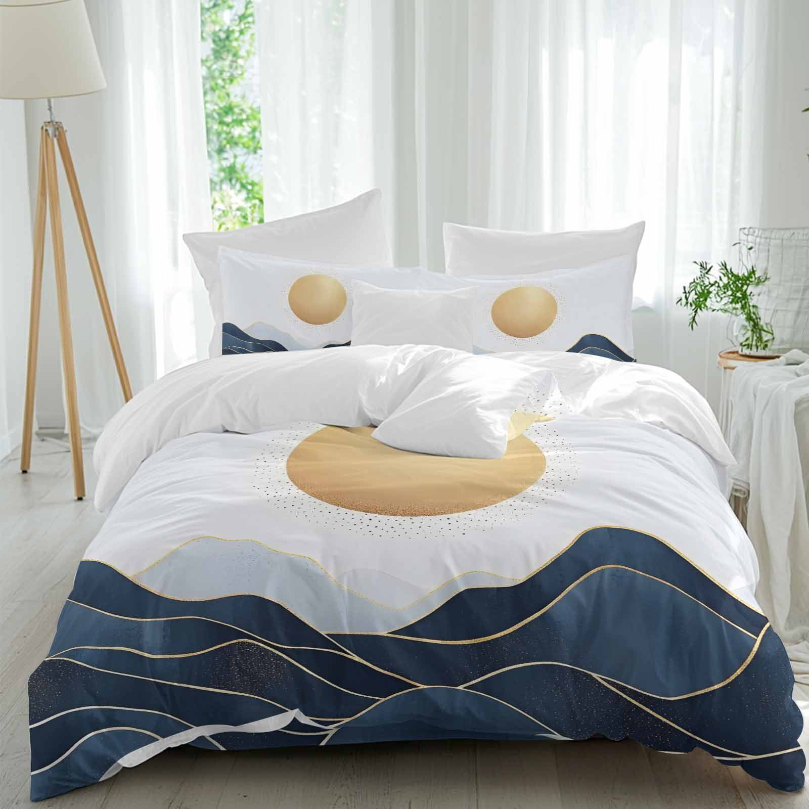 Abstract Mountain Navy Blue Stripe Full Size Bed Set,Sun Yellow Circle ...