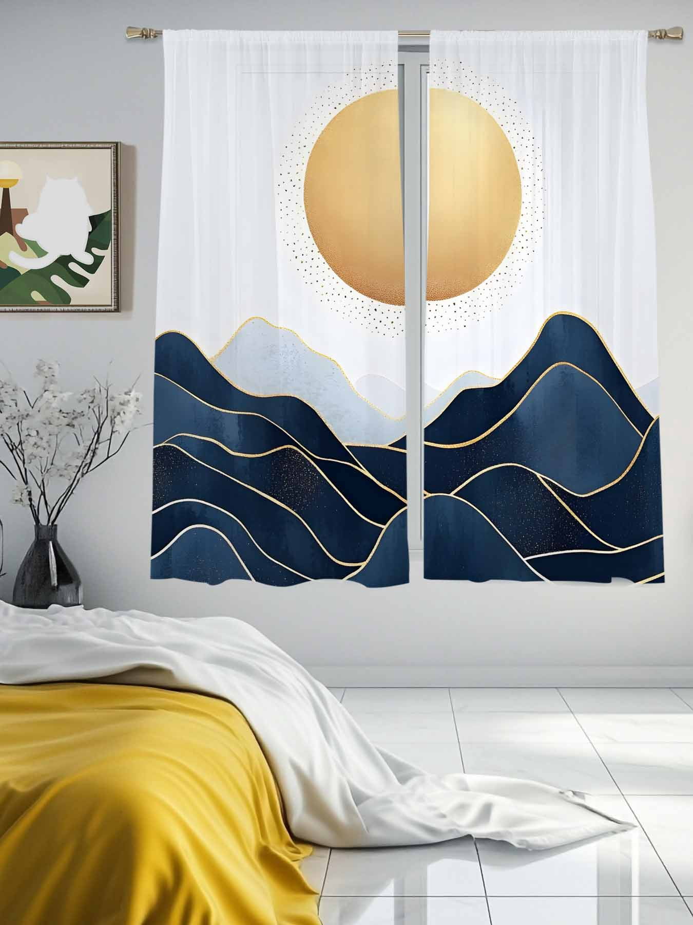 Abstract Mountain Navy Blue Stripe Sheer Curtains 2 Panels Set Sun ...