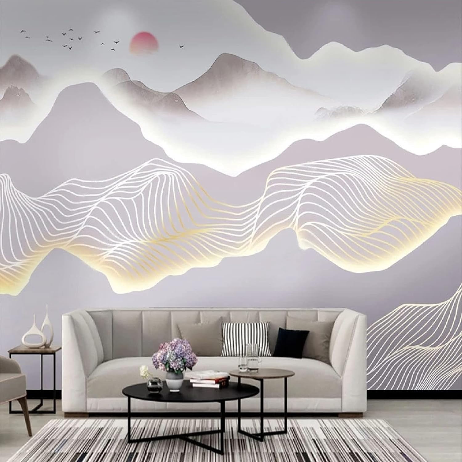 Abstract Mountain Painting Sun 3D Photo Wallpaper, Modern White Gold ...